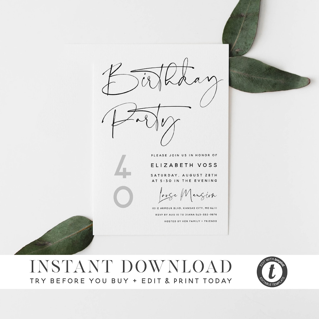 Modern Chic Script Birthday Party Invitation Template INSTANT DOWNLOAD ...