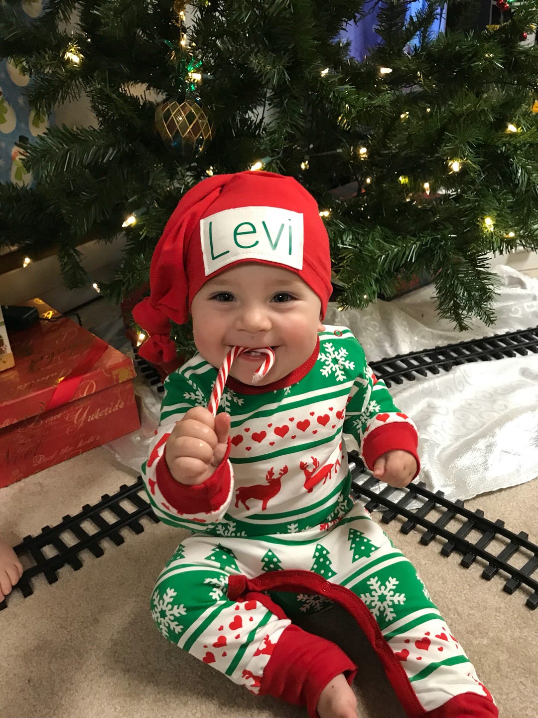 Personalized Baby Christmas Pajamas: Reindeer Romper, Matching Hat - Etsy