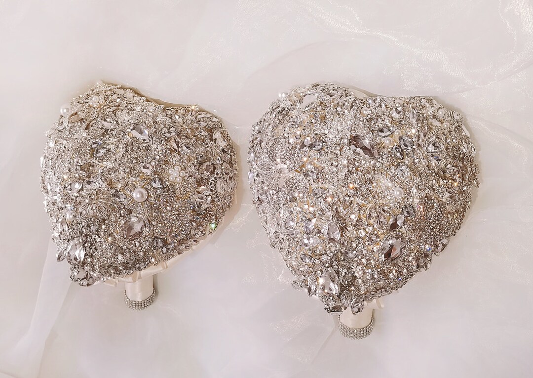 Heart-shaped Silver Brooch Bouquet, Ivory Bridal Jewelry, 9-inch - Etsy