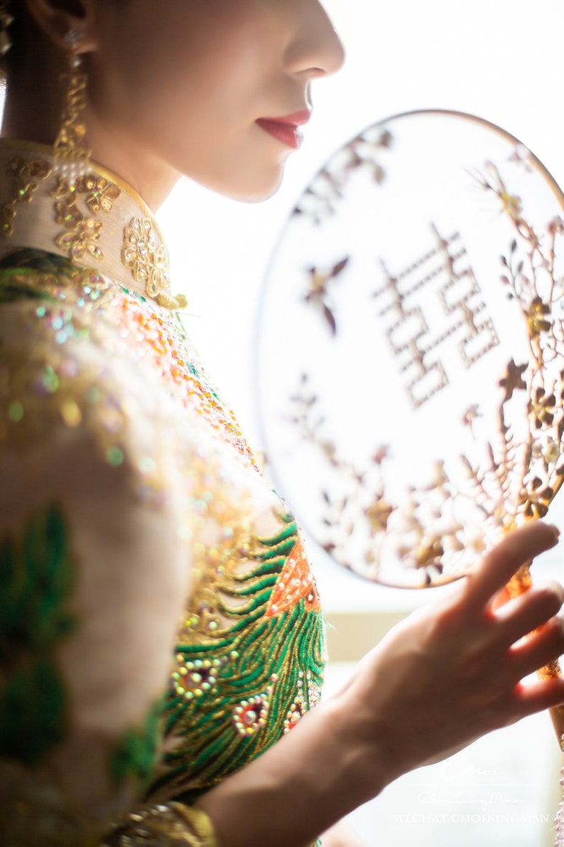 Customized Chinese-style Fan Bouquet Pink Gold Wedding Bridal Bouquet ...