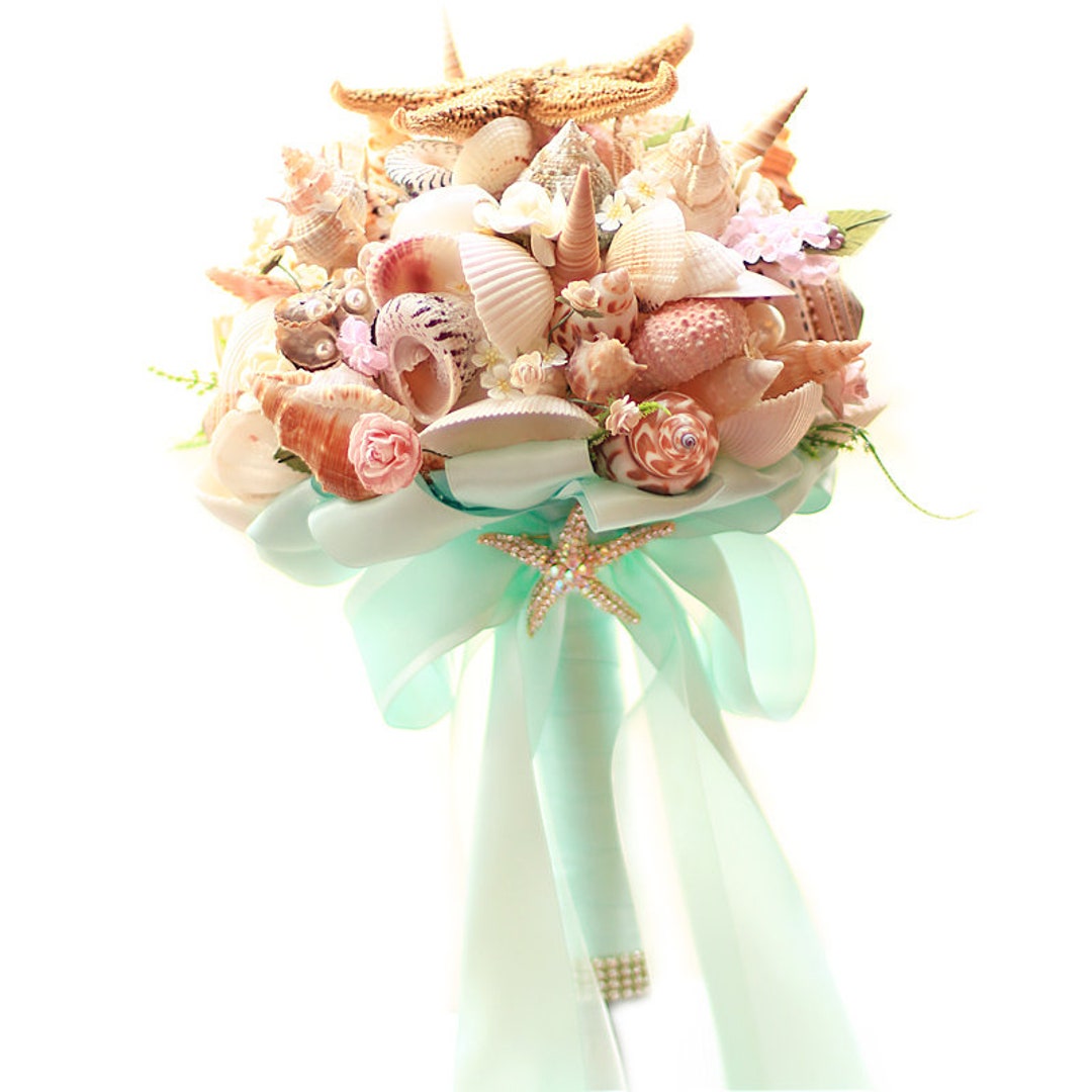 8 Inch, Marine Style Bouquet, Coral & Tiffany Wedding Bouquet, Brooch ...