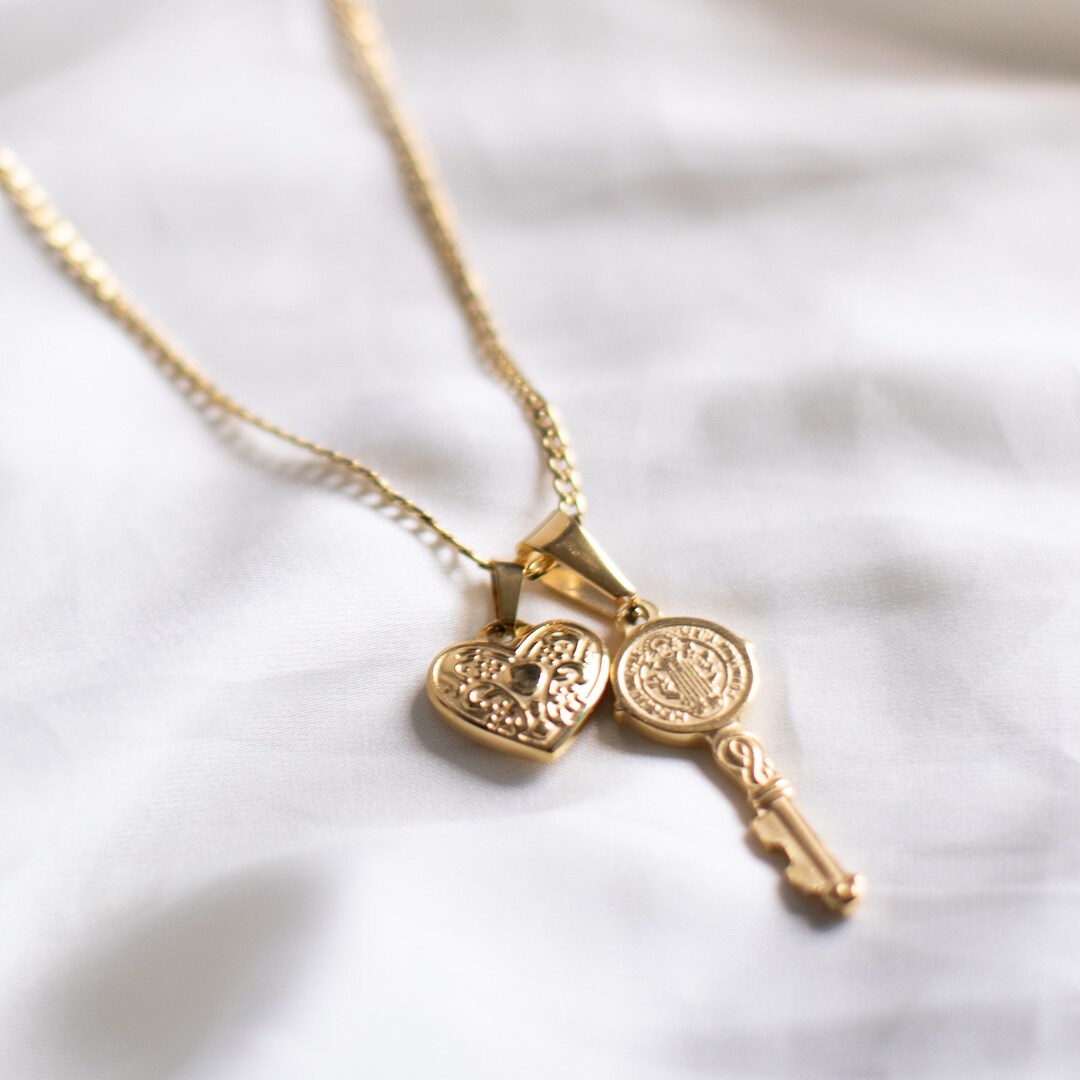 Heart and Key Necklace, 18k Gold Plated Heart Jewelry, Coquette ...