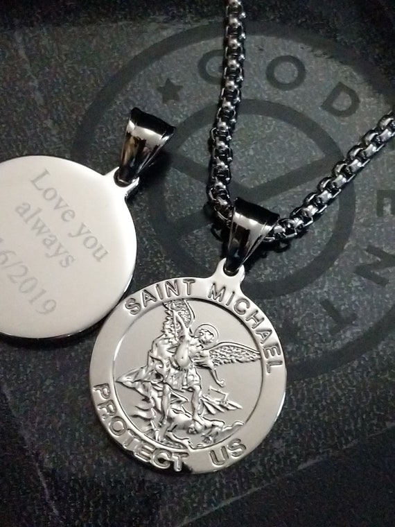 Mens Personalised Saint Michael Necklace Engraved Silver Stainless Steel Medal Law Enforcement Protection Necklace Gift For Dad