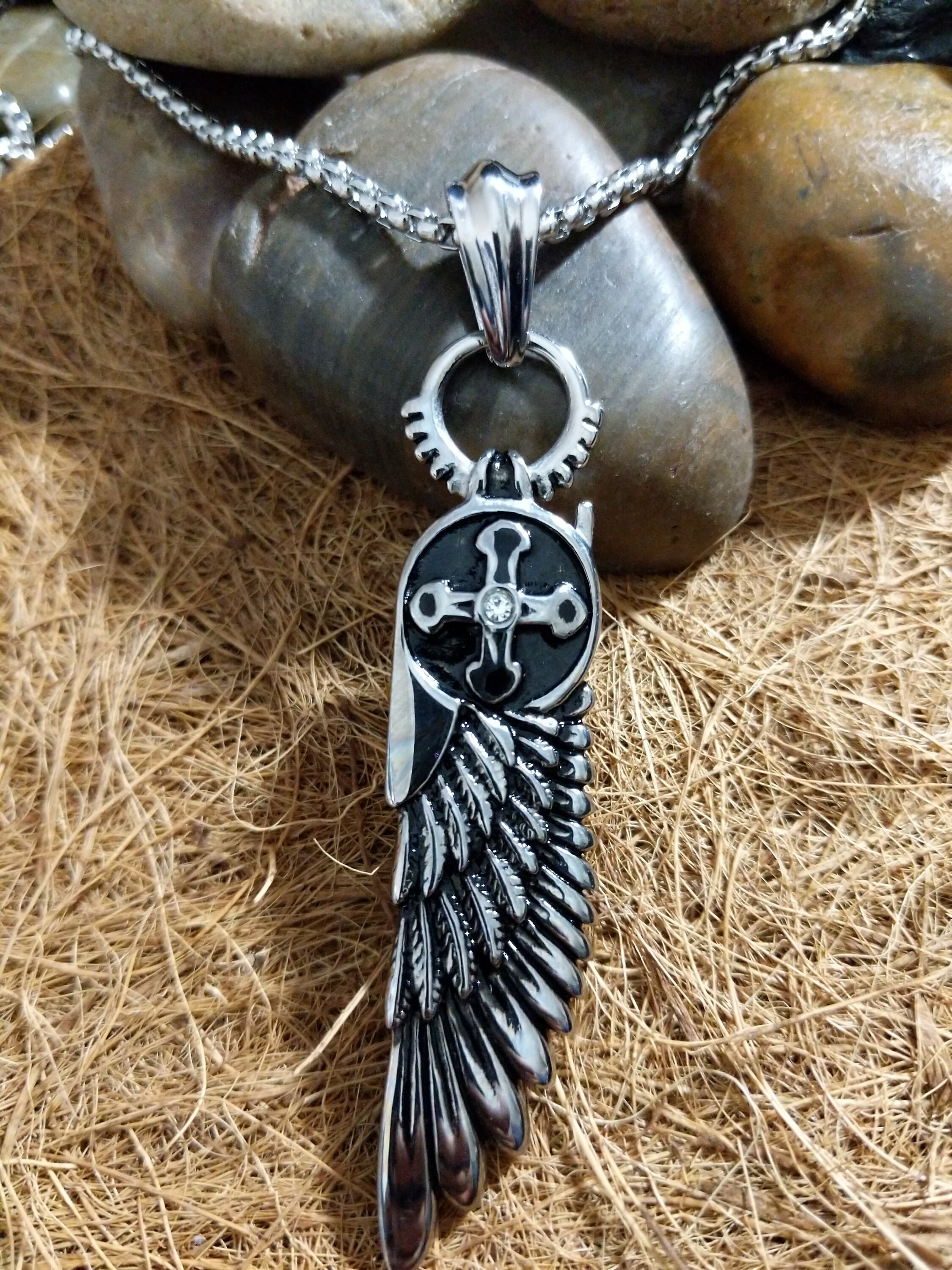 Mens Gothic Feather Cross Necklace Engraved Native Ethnic | Etsy
