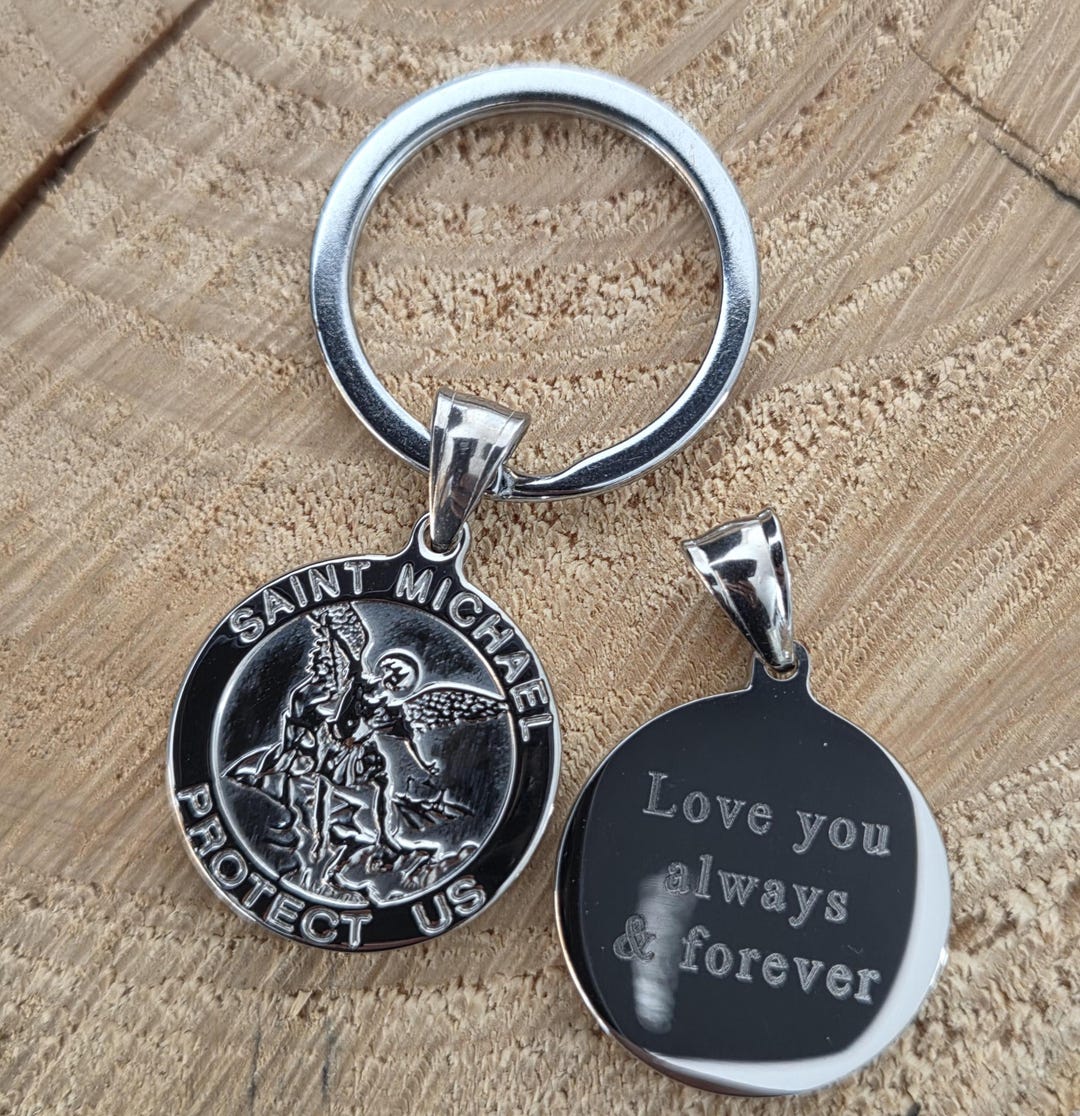 Personalised Engraved St Michael Charm Keyring Accessory, Stainless ...