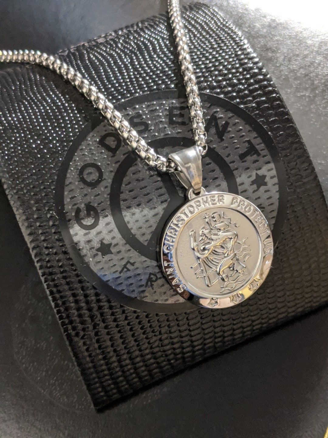 Mens Personalised St Christopher Necklace, Engraved Silver Stainless ...