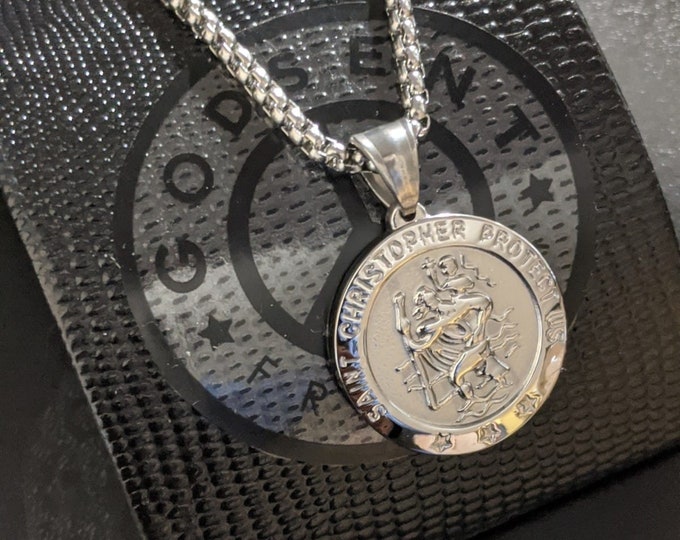 Mens Personalised St Christopher Necklace, Engraved Silver Stainless ...