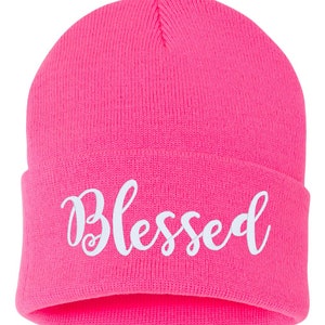 Blessed Script Cuffed Embroidered Beanie Hat, Embroidered Gift, Dad ...