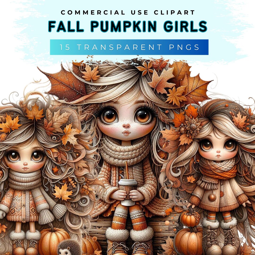Fall Pumpkin Girls Clipart Set of 15 High Quality 300 DPI Transparent ...