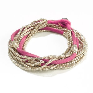 Pink Stacking Bracelet - Leather Silver Boho Bracelet - Stackable Bead ...