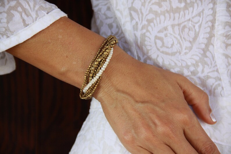 Brass Stackable Bracelet - Pearl Bracelet for Women - Stack Bracelet ...