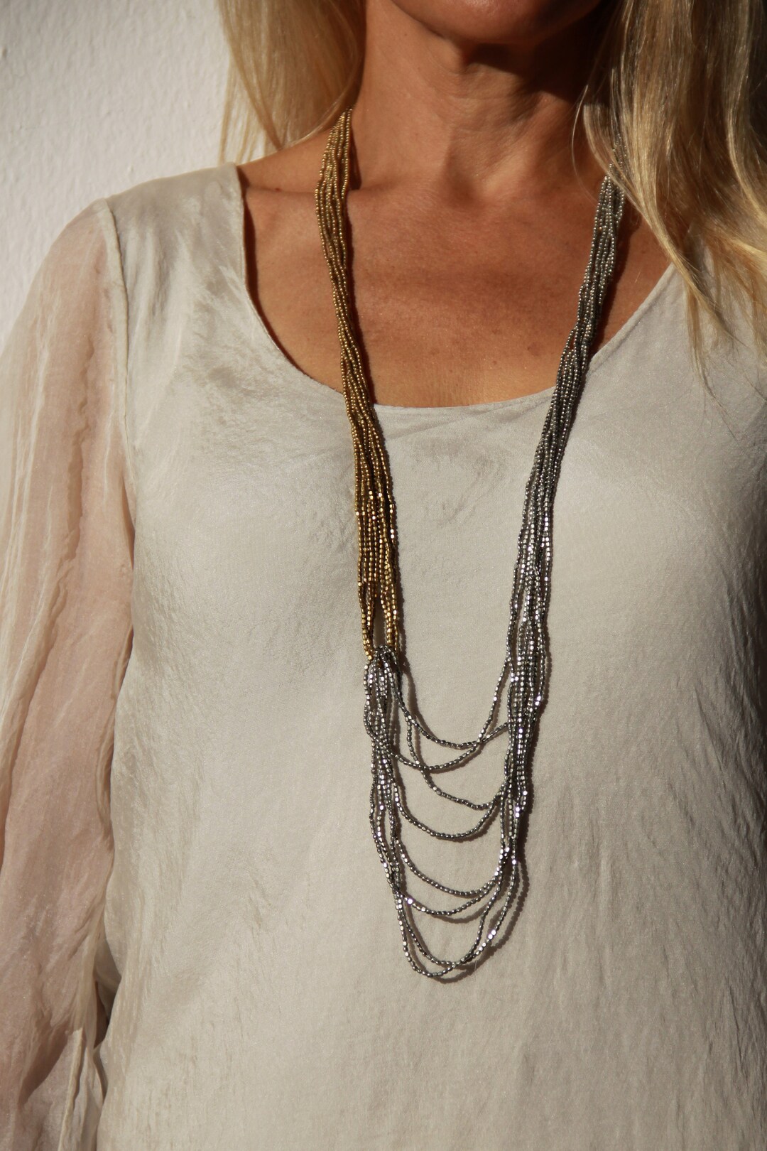 Long Bead Necklace - Silver and Gold Necklace - Multi Strand Silver ...