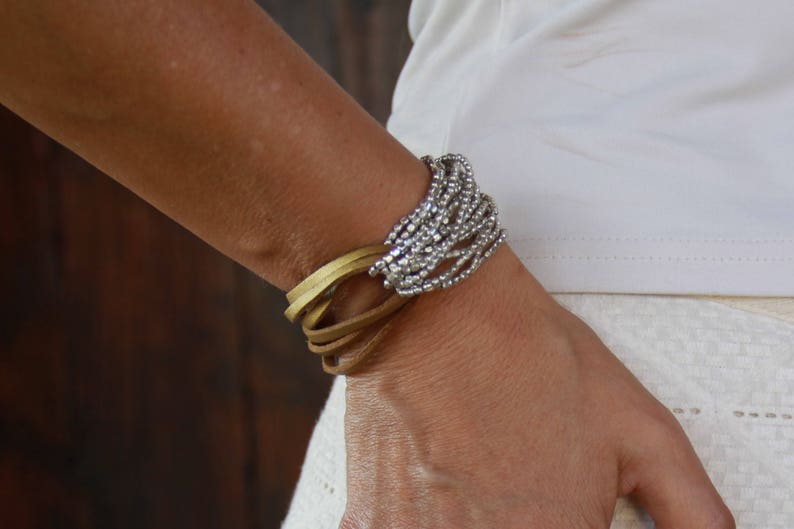 Leather Silver Boho Bracelet Beige Bracelet Leather Silver Etsy