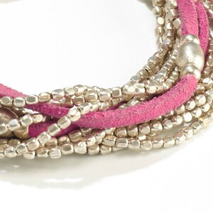 Pink Stacking Bracelet - Leather Silver Boho Bracelet - Stackable Bead ...