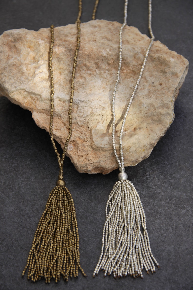Long Silver Bead Necklace - Festival Long Necklace - Bead Tassel ...