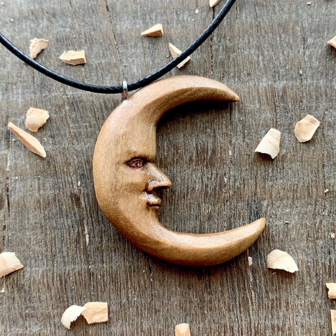 Moon With Face Pendant Necklace Handmade Carved in Walnut Wood Wood ...