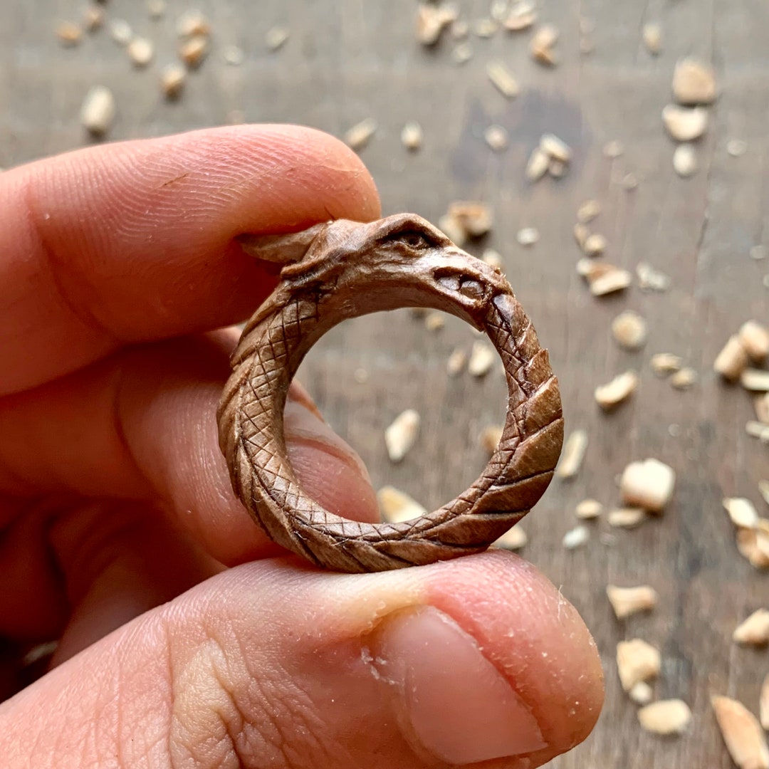 Ouroboros Dragon Eating Its Tail Ring Hand Carved in Walut Wood ...