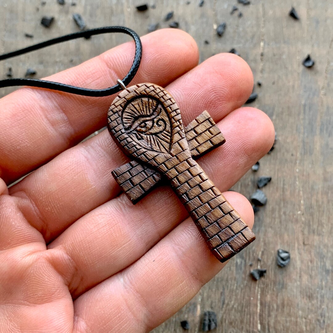 Handcarved Ankh Wood Necklace, Ankh Cross With Eye of Horus Wooden ...