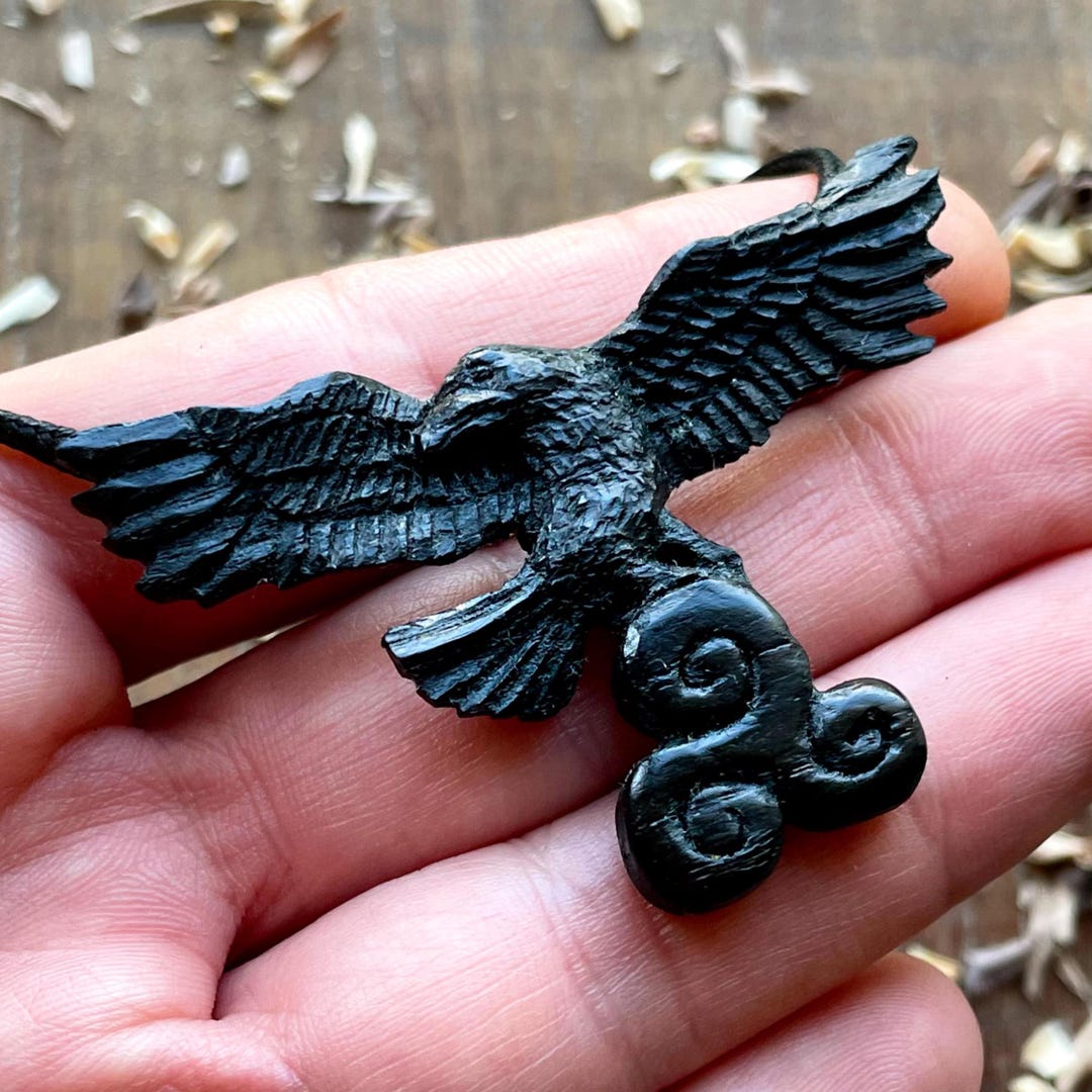 Flying Raven Holding Triskelion Necklace, Bog Oak Black Raven Wood ...