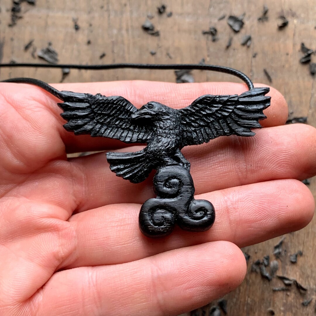 Flying Raven Holding Triskelion Necklace, Bog Oak Black Raven Wood ...
