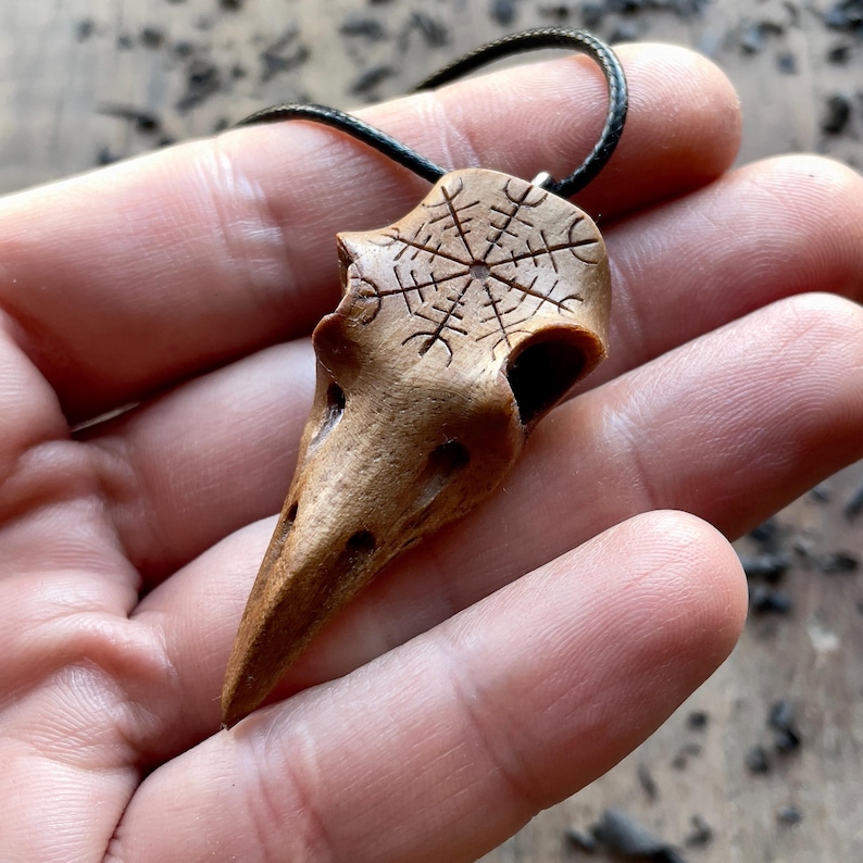 Raven Skull Pendant – Viking Norse Wood Necklace With Helm of Awe ...