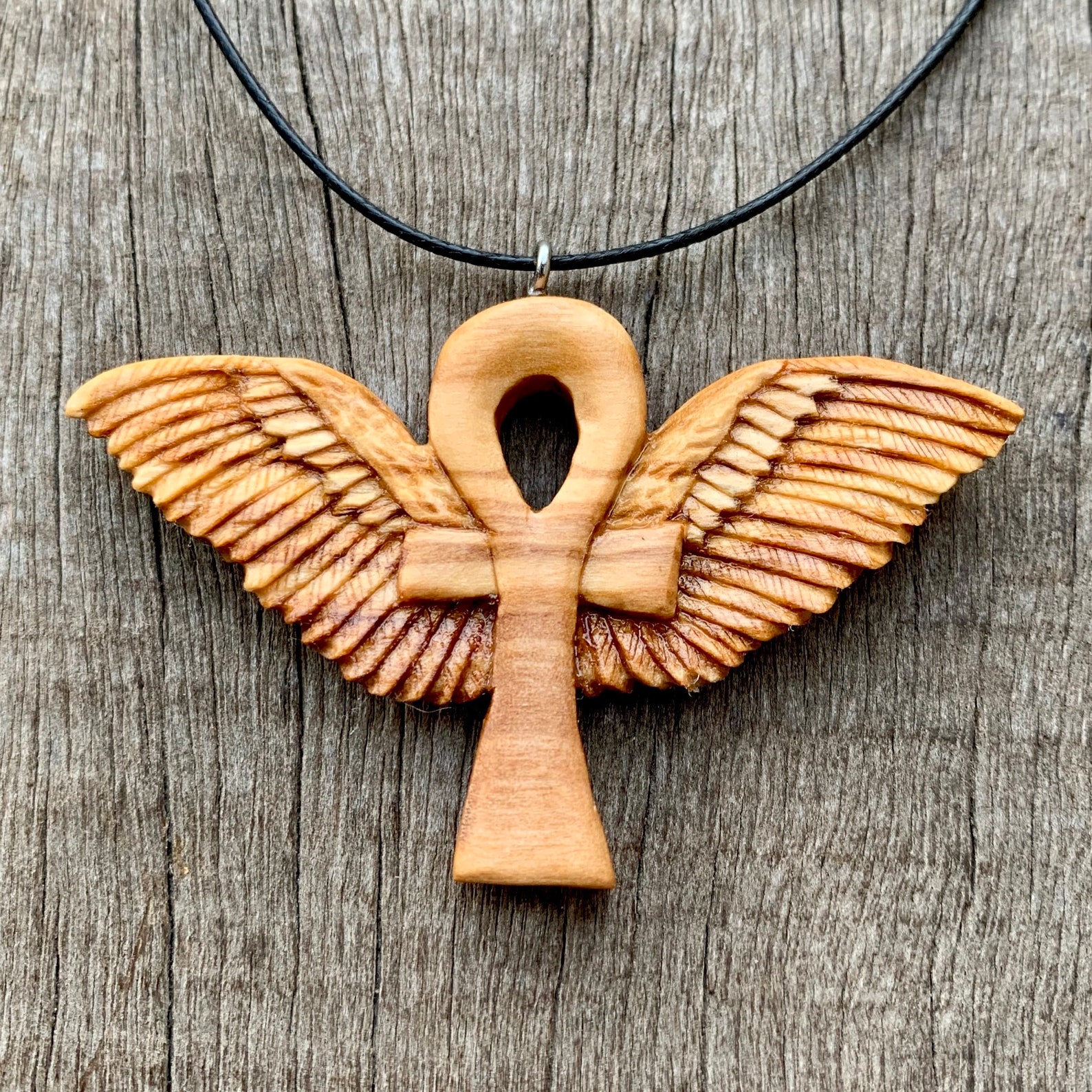 Ankh Cross With Wings Necklace Ankh Wood Pendant Olive - Etsy