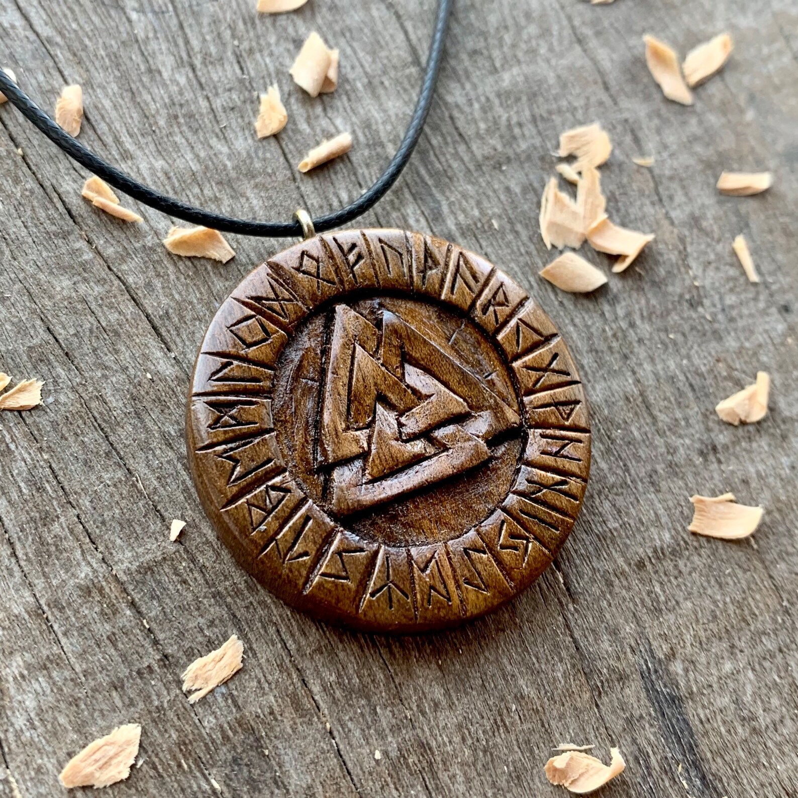 Valknut Pendant and Runes Handmade Carved on Walnut Wood - Etsy