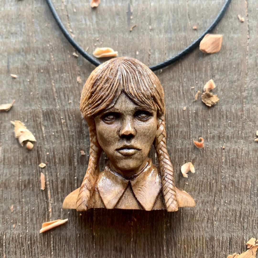 Wednesday Addams From Tv Series Pendant, Hand Carved Walnut Wood ...