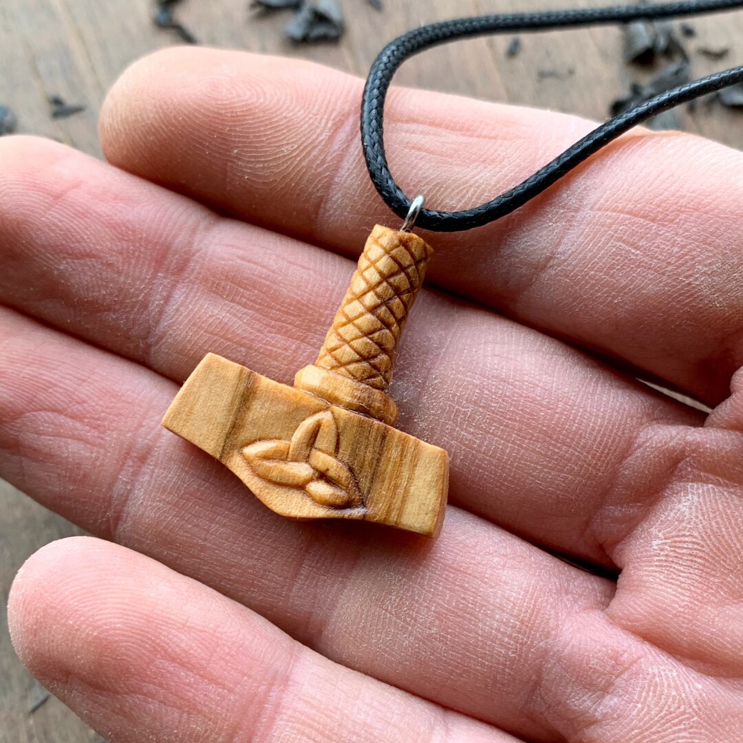 Mjolnir Triquetra Olive Wood Pendant, Handcarved Thor's Hammer Viking ...