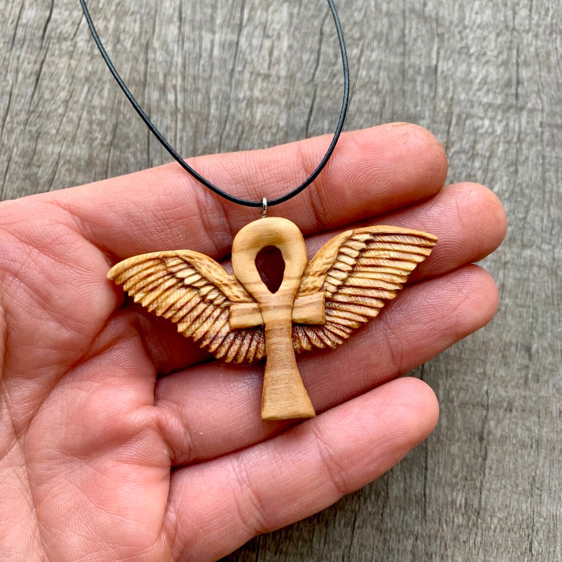 Ankh Cross With Wings Necklace Ankh Wood Pendant Olive - Etsy