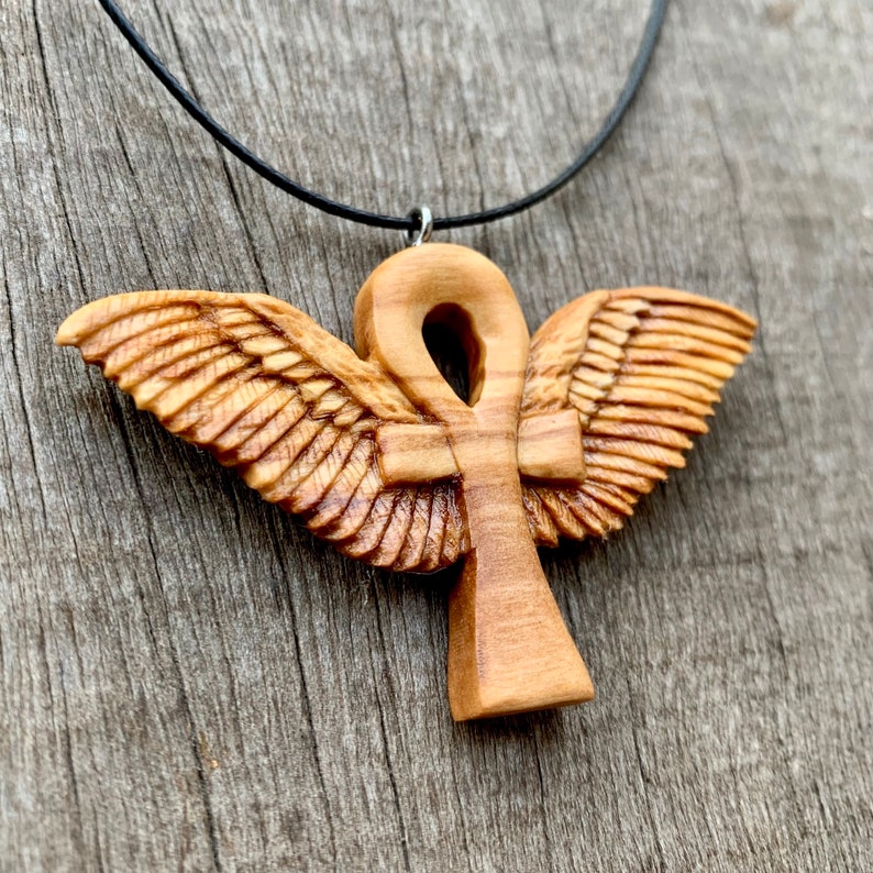 Ankh Cross With Wings Necklace Ankh Wood Pendant Olive - Etsy