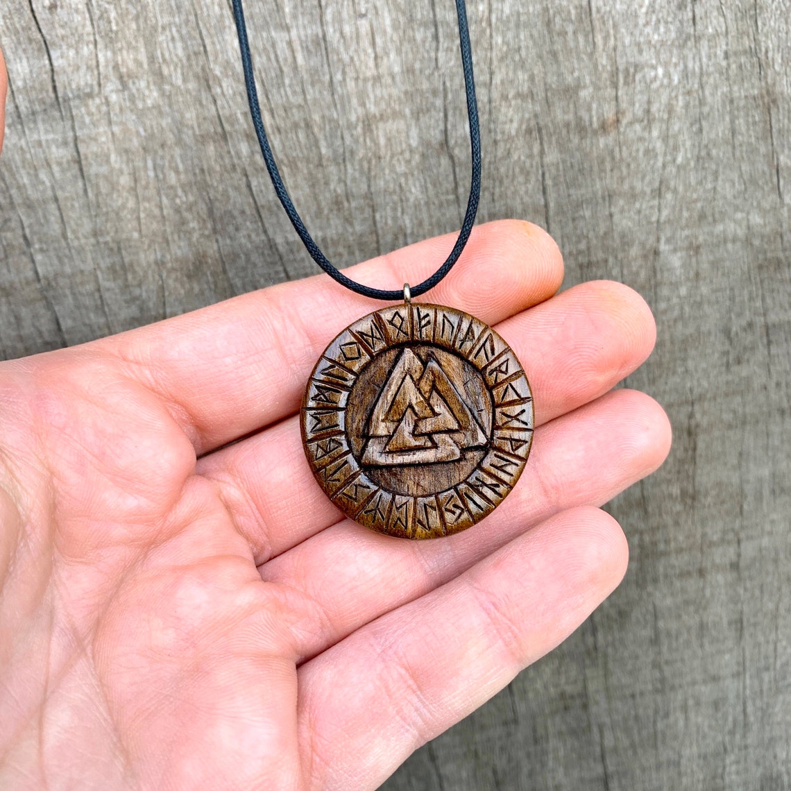 Valknut Pendant and Runes Handmade Carved on Walnut Wood | Etsy