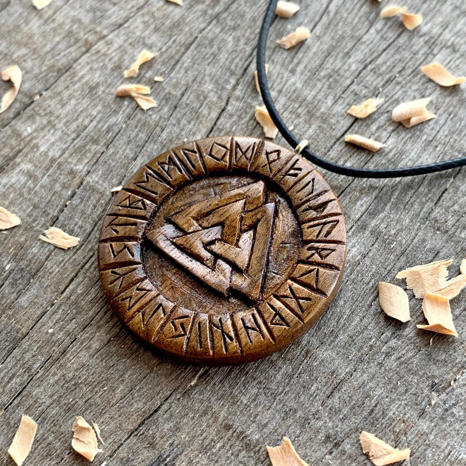 Valknut Pendant and Runes Handmade Carved on Walnut Wood - Etsy