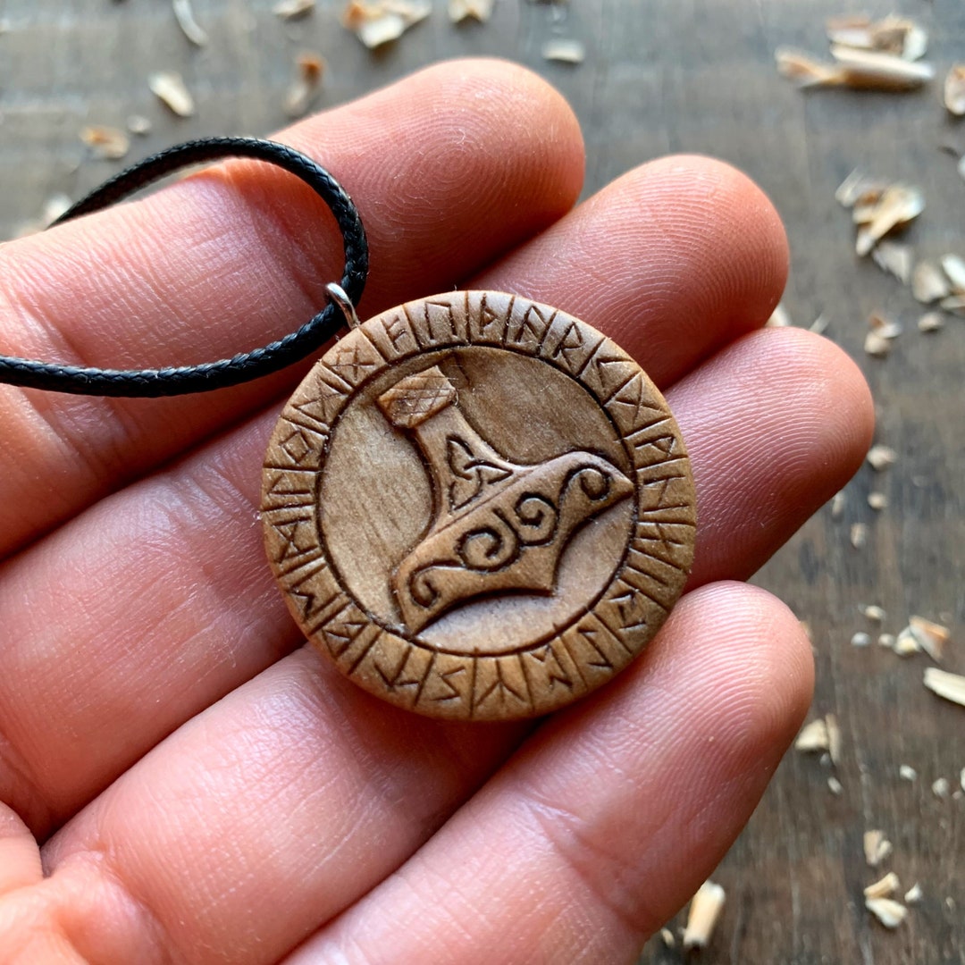 Viking Mjolnir and Runes Pendant Rune Symbol Wood Pendant - Etsy