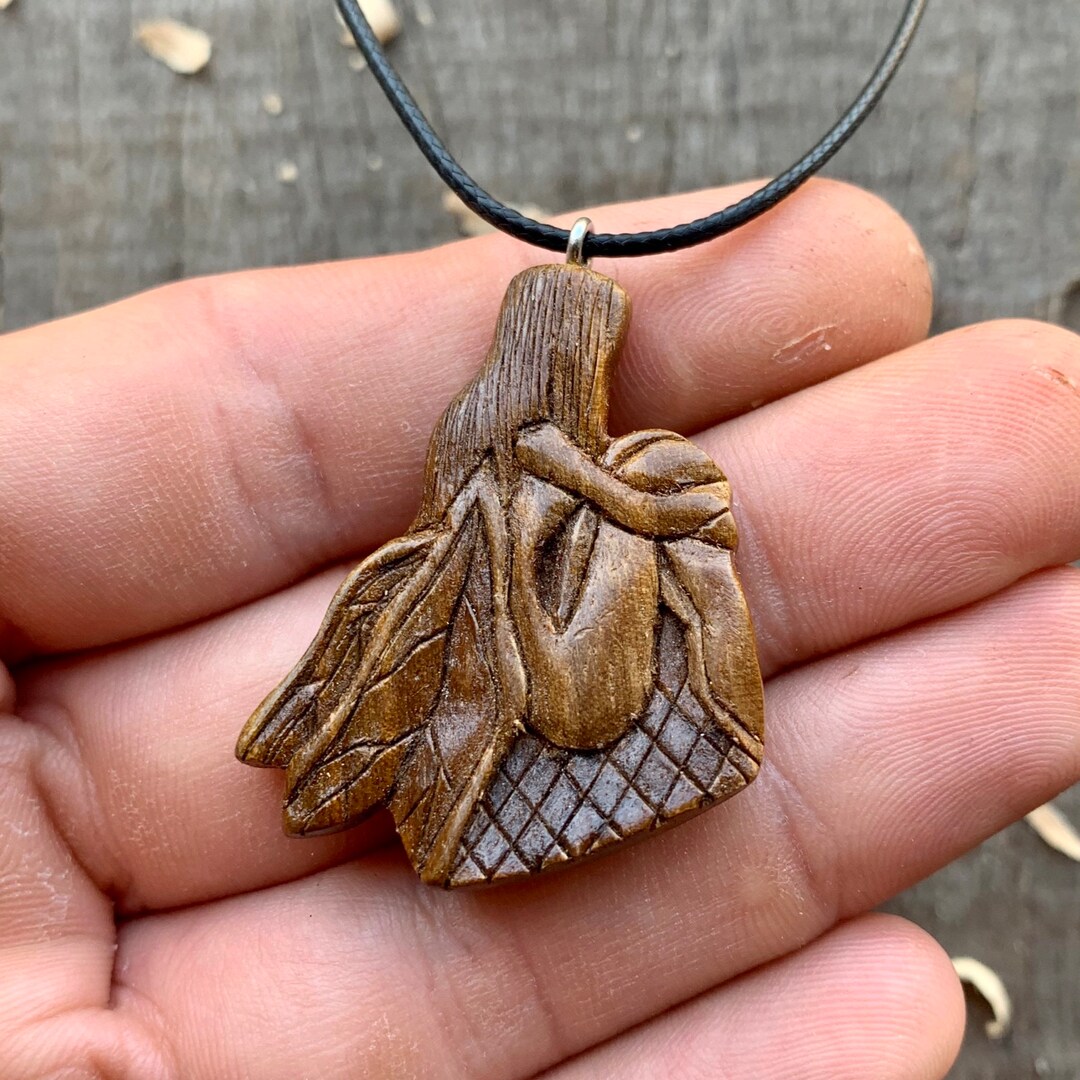 Fairy Wood Pendant Handmade Carved on Walnut Wood Fantasy Wood Fairy ...
