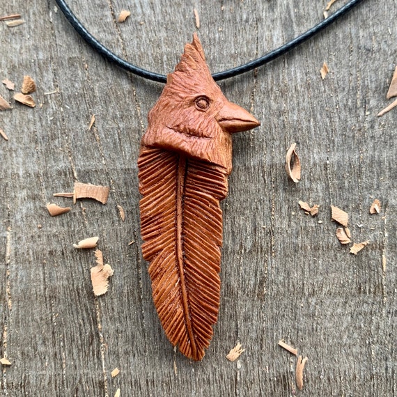 Cardinal Bird Head Feather Necklace Hand Carved Wood - Etsy