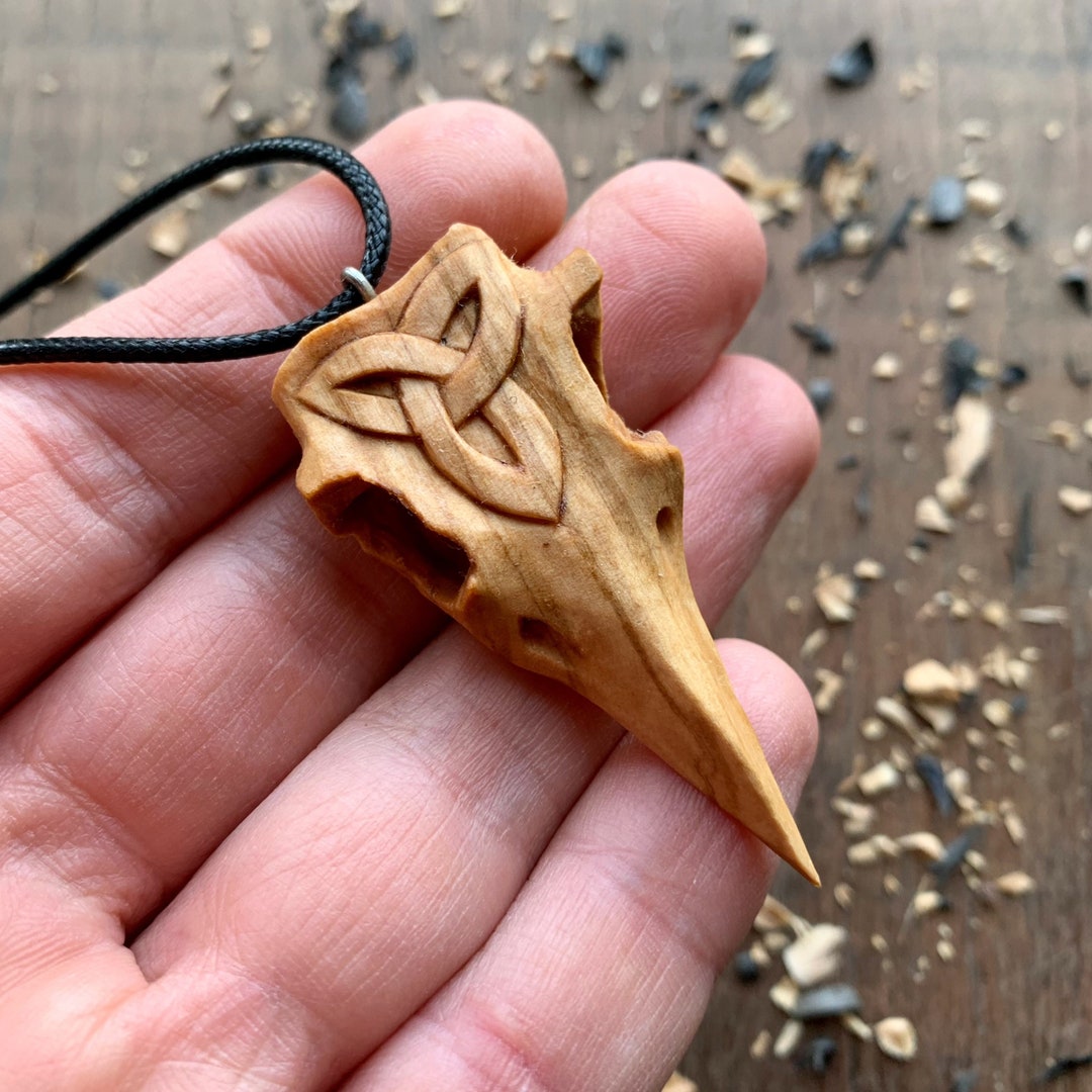 Norse Mythology Raven's Skull and Triquetra Necklace, Viking Wooden ...