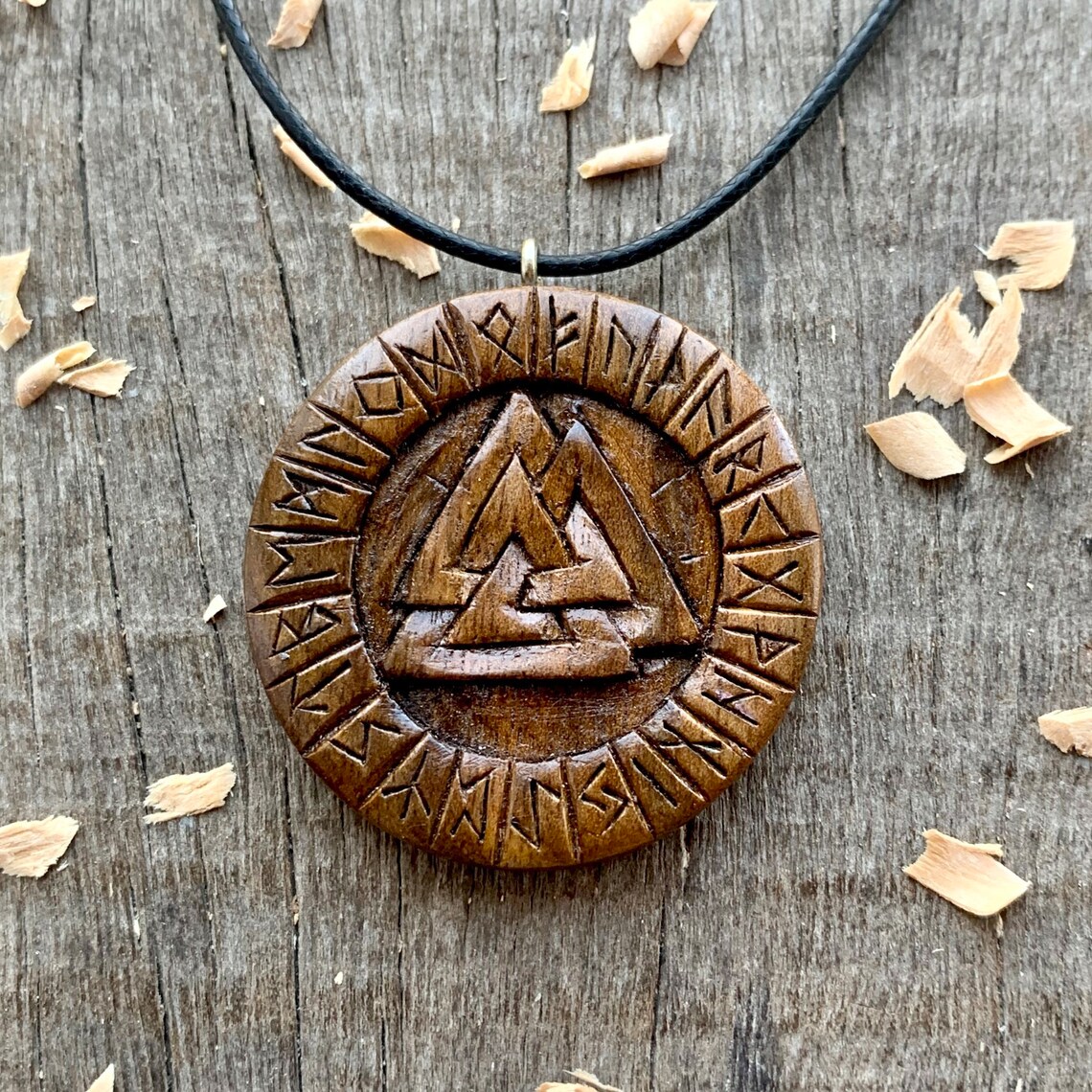 Valknut Pendant and Runes Handmade Carved on Walnut Wood - Etsy