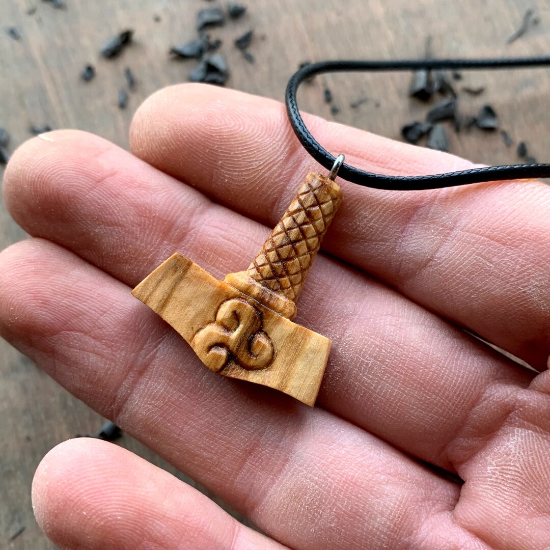 Mjolnir Triskelion Olive Wood Pendant, Handcarved Thor's Hammer Viking ...