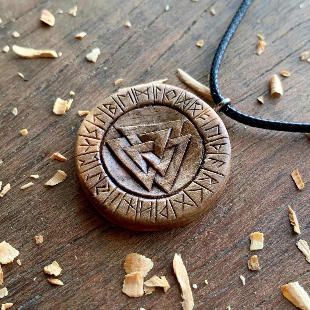 Valknut Pendant and Runes Handmade Carved on Walnut Wood Wood Pendant ...