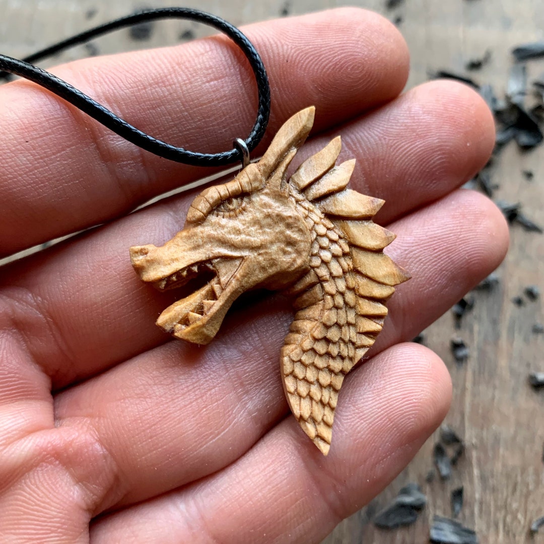 Wood Dragon Head Fantasy Pendant, Wood Fantasy Necklace, Handcarved ...