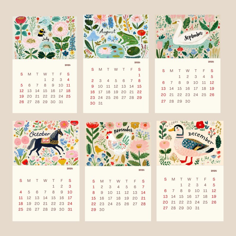Mini Folk Nature Calendar, Desk Calendar, Digital Download - Etsy