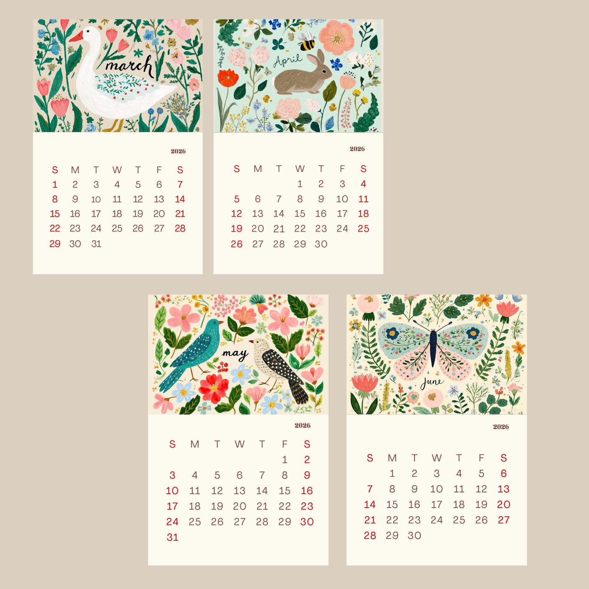 Mini Folk Nature Calendar, Desk Calendar, Digital Download - Etsy