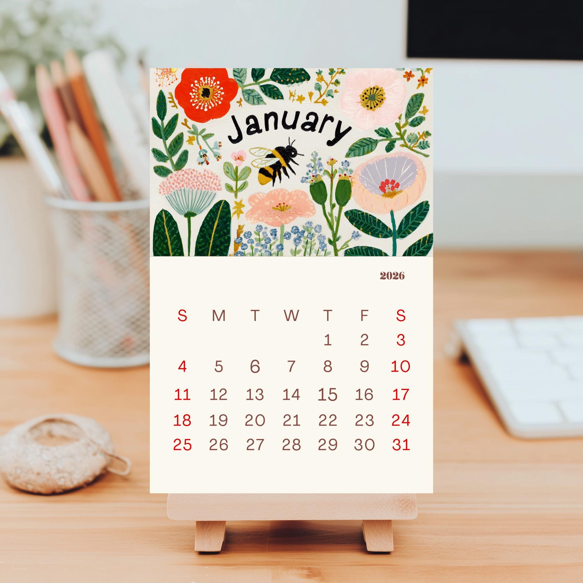 Mini Folk Nature Calendar, Desk Calendar, Digital Download - Etsy