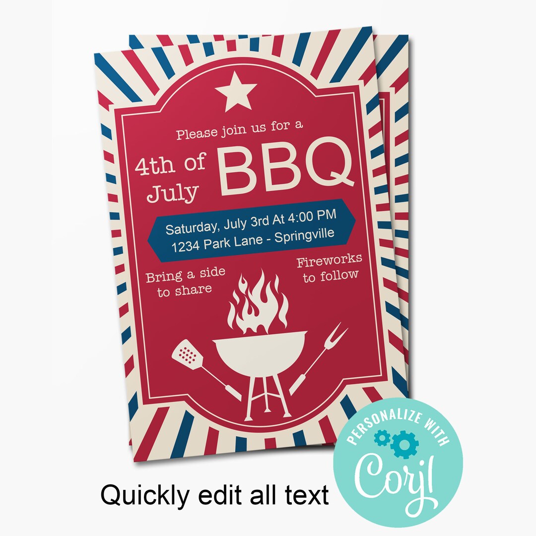 Editable Summer BBQ Invitation 4th of July Party Independence Day ...