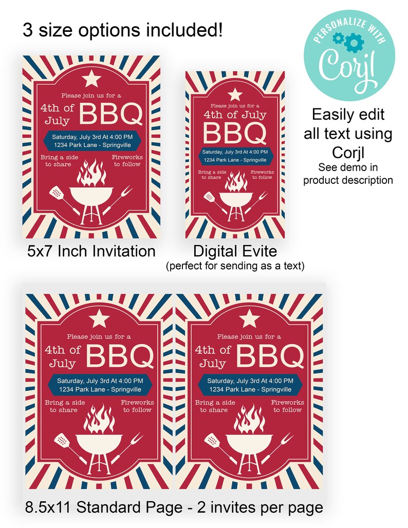 Editable Summer BBQ Invitation 4th of July Party | Etsy