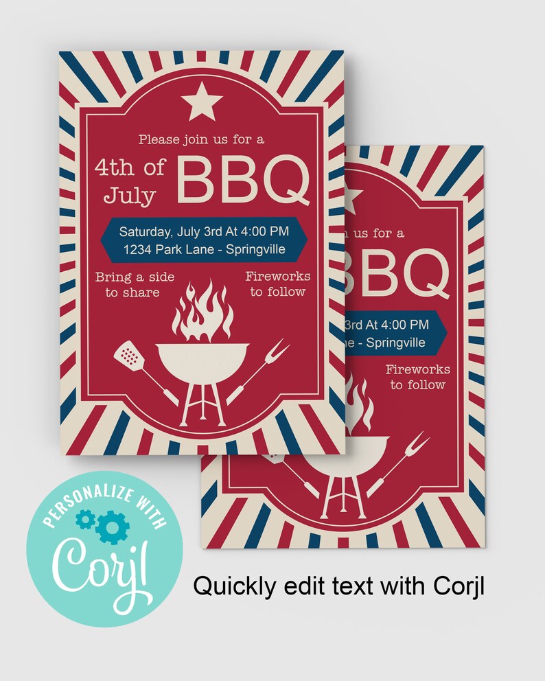 Editable Summer BBQ Invitation 4th of July Party | Etsy