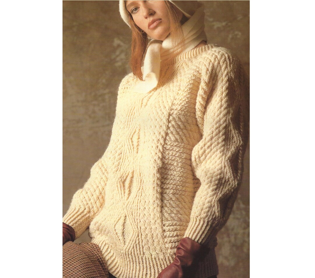 Ladies Aran Sweater PDF Knitting Pattern Diamonds & Cables 30-44" 10ply ...
