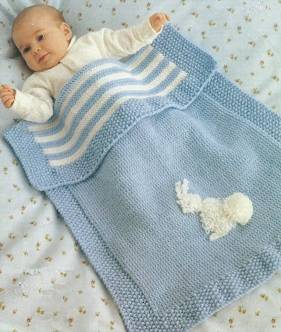 Baby Pram Blanket PDF Knitting Pattern with Bunny motif Double Knitting Easy Knit in English 296