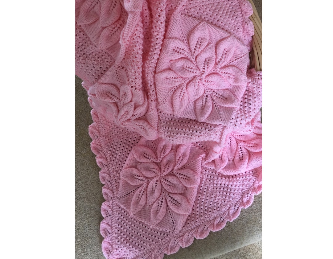Baby Traditional Blanket/pram Cover Knitting Pattern Roses and Leaves ...